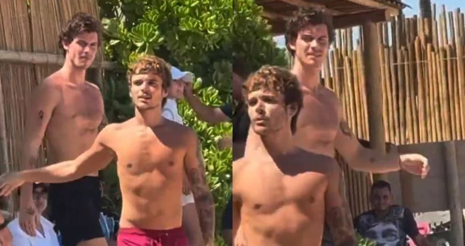 » Shawn Mendes entra no mar em Alagoas com o marido de Sasha Meneghel